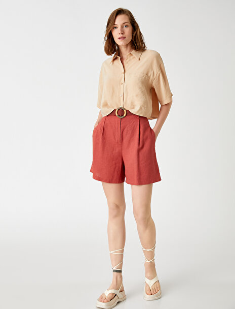 Koton Kadın Kemerli Şort Keten Karışımlı Cepli