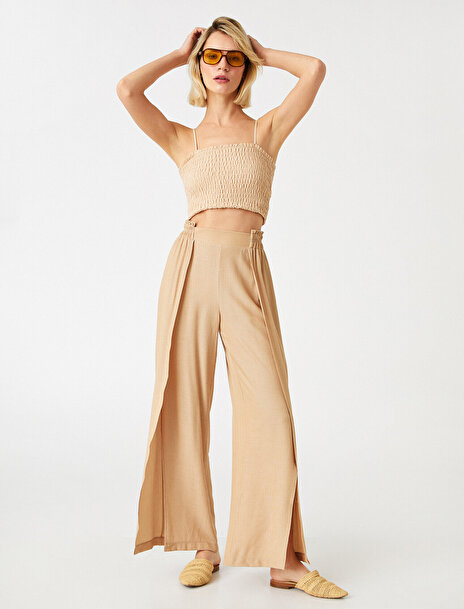 Koton Kadın Beli Lastikli Bol Paça Yırtmaçlı Pantolon