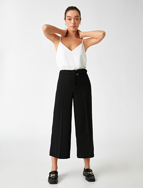 Koton Kadın Yüksek Bel Bol Paça Crop Pantolon