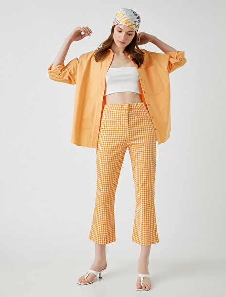 Koton Kadın Ekoseli Pantolon İspanyol Paça Cepli Pamuklu