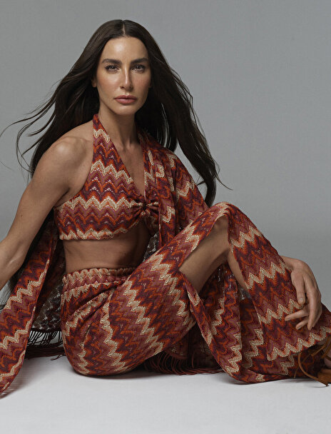 Koton Kadın Ece Sükan X Koton - Yüksel Bel Örgü Detaylı Bol Paça Desenli Pantolon