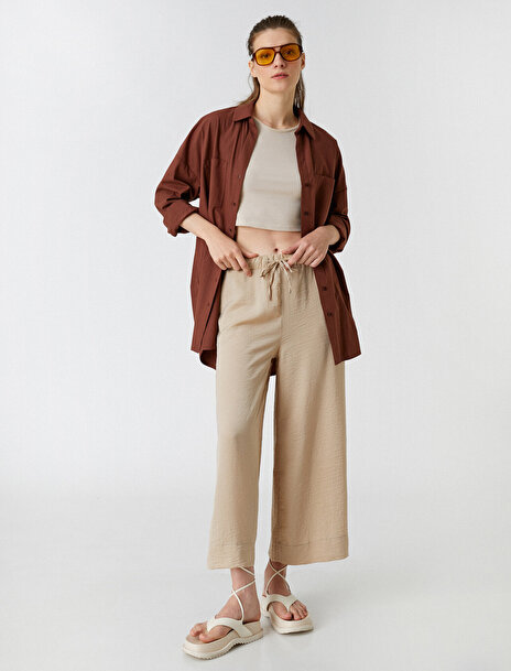 Koton Kadın Crop Pantolon Bol Paça Beli Bağlamalı