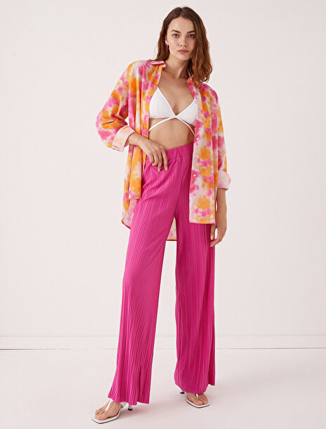 Koton Kadın Bol Paça Pantolon Beli Lastikli Pilili Koton Kadın Bol Paça Pantolon Beli Lastikli Pilili