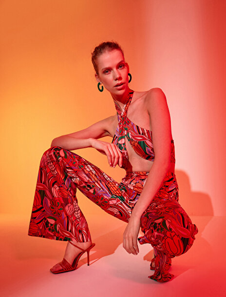 Koton Kadın İspanyol Paça Yüksek Bel Çiçek Desenli Pantolon