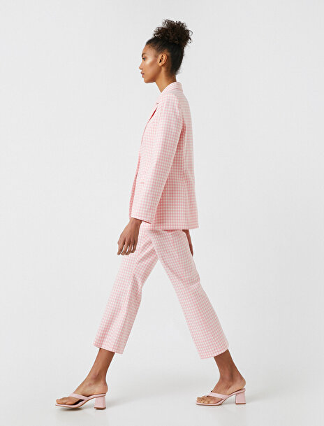 Koton Kadın Ekose Yüksek Bel Kısa İspanyol Paça Kumaş Pantolon