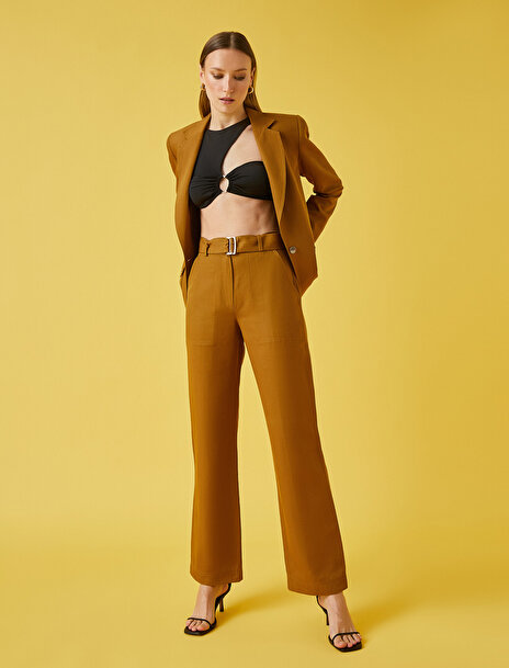 Koton Kadın Ece Sükan X Koton - Beli Kemerli Cepli Geniş Paça Pantolon