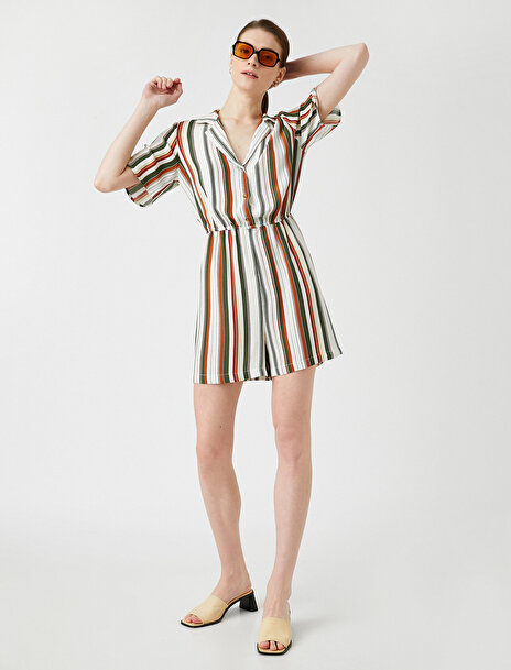 Koton Kadın Şort Tulum Gömlek Yaka Kısa Kollu