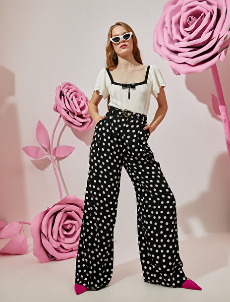 Koton Kadın Rachel Araz X Koton - Yüksek Bel Bol Paça Puantiyeli Pantolon