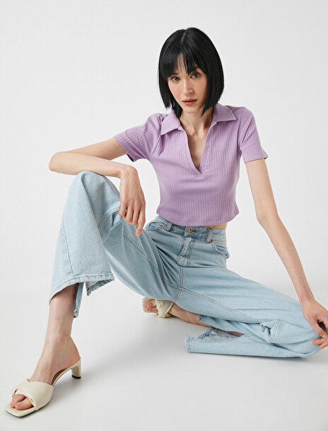 Koton Kadın Crop Polo Yaka Tişört Kısa Kollu