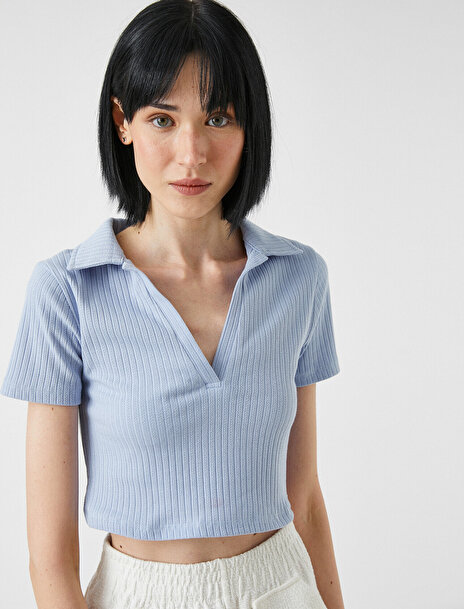 Koton Kadın Crop Polo Yaka Tişört Kısa Kollu