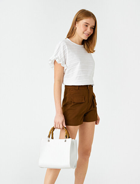 Koton Kadın Bisiklet Yaka Kısa Kollu Fırfırlı Çizgili Tişört