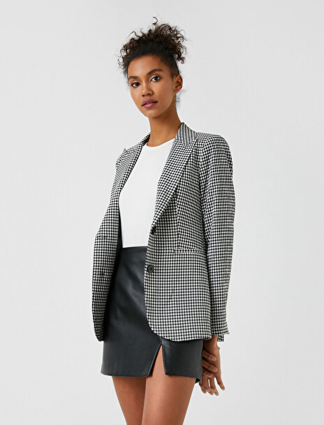 Koton Kadın Kruvaze Yaka Kareli Ceket