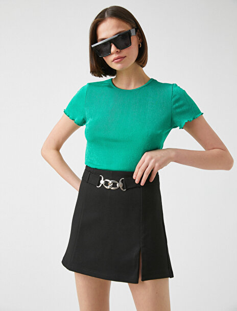 Koton Kadın Bisiklet Yaka Kısa Kollu Fırfırlı Tişört