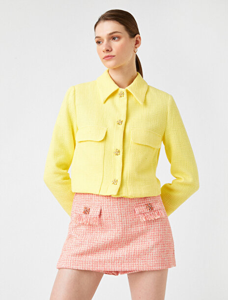 Koton Kadın Cepli Ceket Gömlek Yaka Taş Detaylı Pamuklu