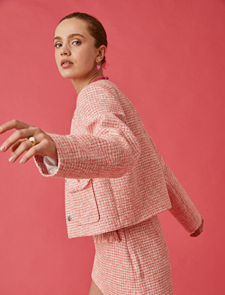 Koton Kadın Kareli Ceket Cepli Taş Detaylı Çıtçıtlı