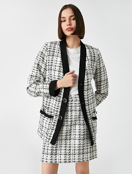 Koton Kadın Ekose Düğmeli Yakasız Cepli Blazer Ceket