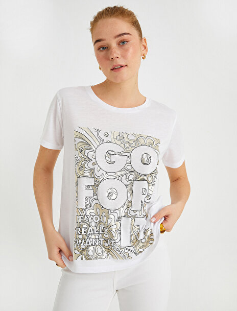 Koton Kadın Slogan Baskılı Tişört Kısa Kollu Bisiklet Yaka