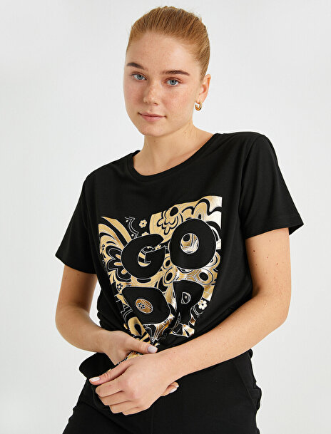 Koton Kadın Slogan Baskılı Tişört Kısa Kollu Bisiklet Yaka