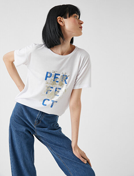 Koton Kadın Slogan Baskılı Tişört Kısa Kollu Bisiklet Yaka