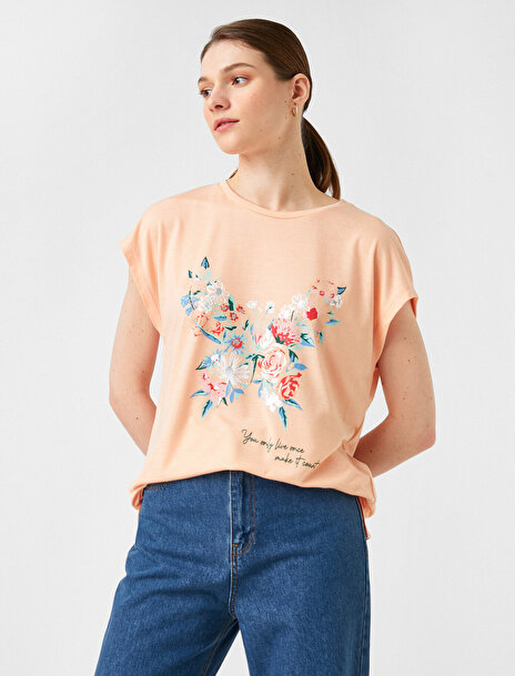Koton Kadın Çiçek Baskılı Tişört Kısa Kollu Bisiklet Yaka
