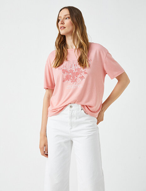 Koton Kadın Çiçek Baskılı Tişört Kısa Kollu Bisiklet Yaka