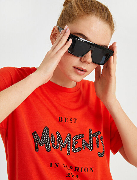 Koton Kadın Slogan Baskılı Tişört Kısa Kollu Bisiklet Yaka