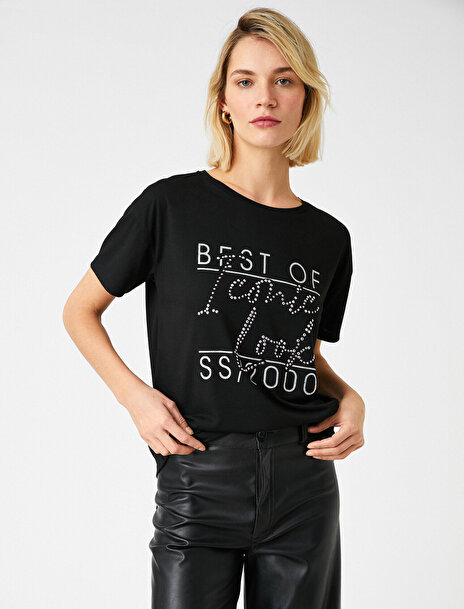 Koton Kadın Baskılı Pullu Tişört Bisiklet Yaka