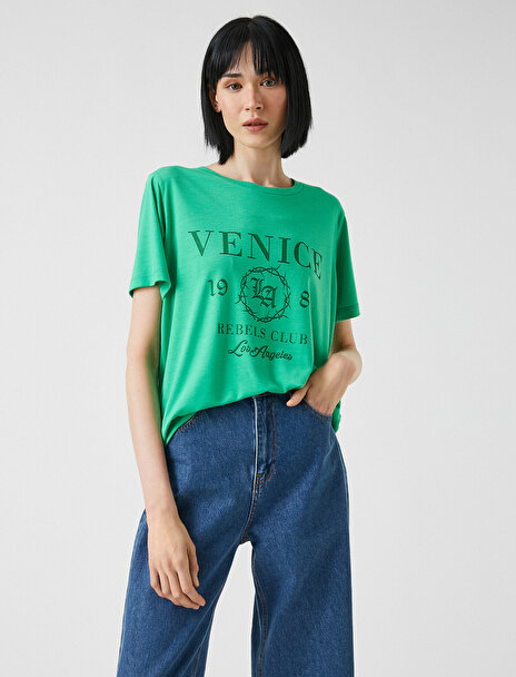 Koton Kadın Yazı Baskılı Tişört Bisiklet Yaka Kısa Kollu