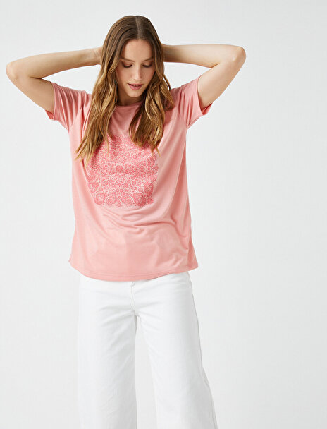 Koton Kadın Çiçek Baskılı Tişört Kısa Kollu Bisiklet Yaka