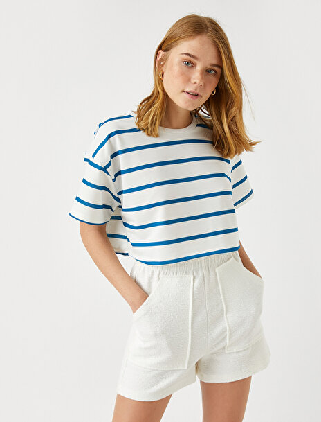 Koton Kadın Bisiklet Yaka Kısa Kollu Çizgili Crop Basic Tişört Koton Kadın Bisiklet Yaka Kısa Kollu Çizgili Crop Basic Tişört