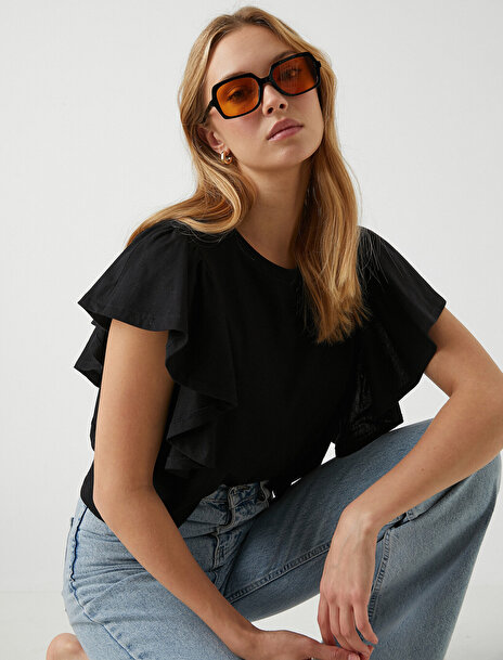 Koton Kadın Fırfırlı Kısa Kollu Tişört Pamuklu