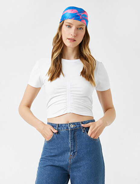 Koton Kadın Crop Bisiklet Yaka Büzgü Detaylı Kısa Kollu Tişört Pamuklu