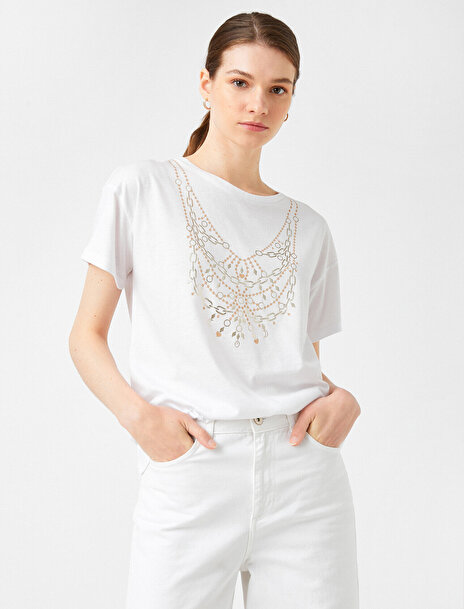 Koton Kadın Baskılı Tişört Bisiklet Yaka Kısa Kollu Modal Karışımlı