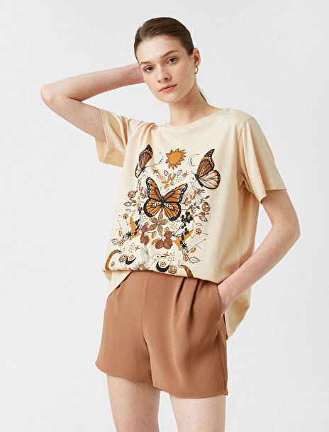 Koton Kadın Baskılı Tişört Kısa Kollu Bisiklet Yaka Modal Karışımlı