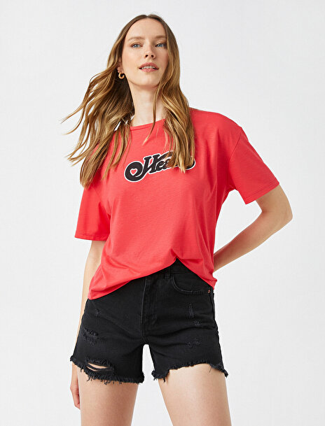 Koton Kadın Slogan Baskılı Tişört Kısa Kollu Bisiklet Yaka