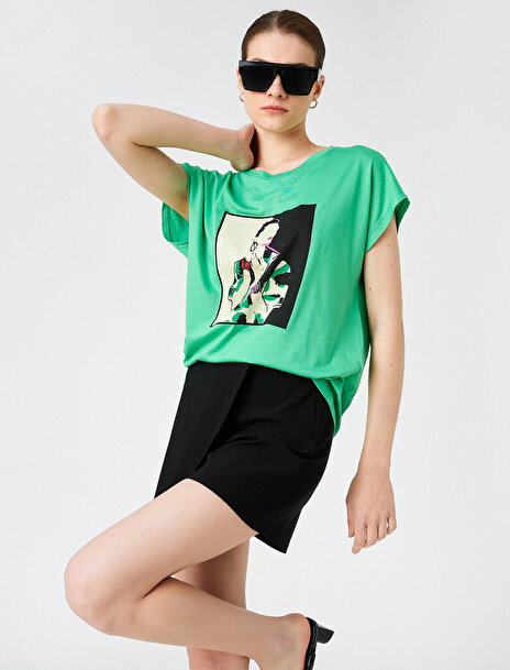 Koton Kadın Baskılı Tişört Kısa Kollu Bisiklet Yaka Modal Karışımlı