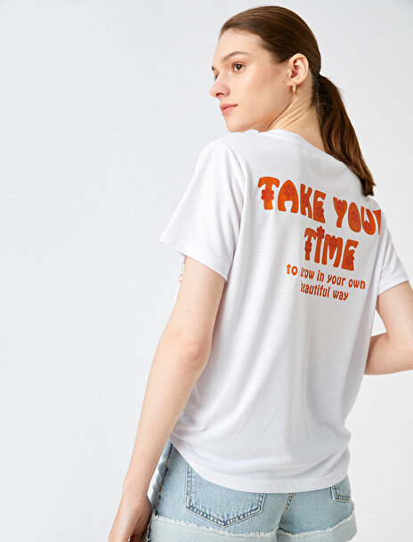 Koton Kadın Sırtı Baskılı Tişört Kısa Kollu Bisiklet Yaka