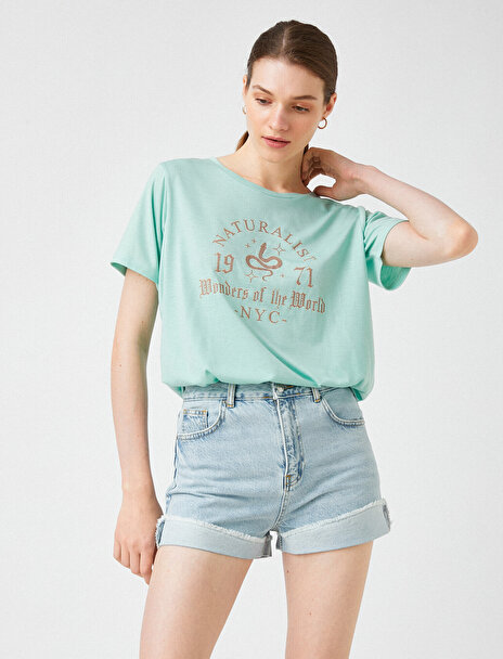 Koton Kadın Slogan Baskılı Tişört Kısa Kollu Bisiklet Yaka