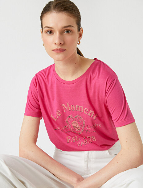 Koton Kadın Yazı Baskılı Tişört Bisiklet Yaka Kısa Kollu