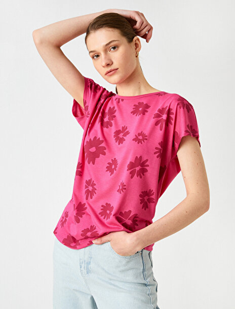 Koton Kadın Çiçek Baskılı Tişört Bisiklet Yaka Kısa Kollu
