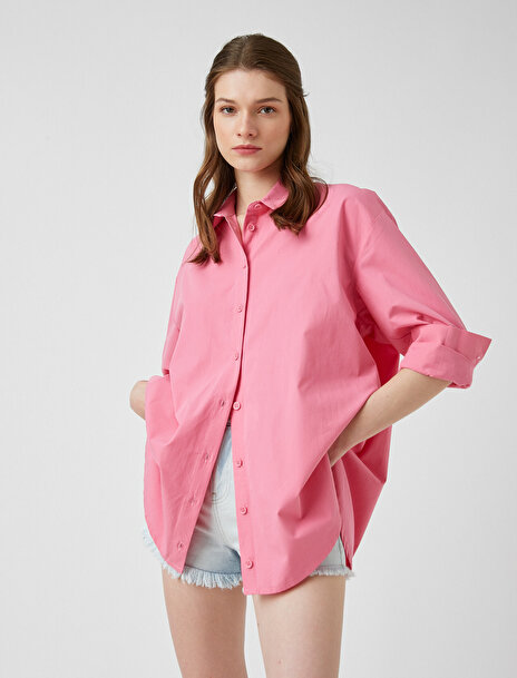 Koton Kadın Oversize Poplin Gömlek Düğmeli Uzun Kollu