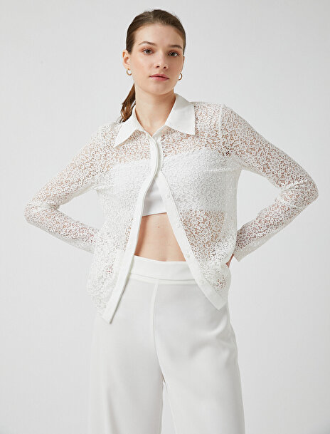 Koton Kadın Dantelli Gömlek Uzun Kollu Klasik Yaka