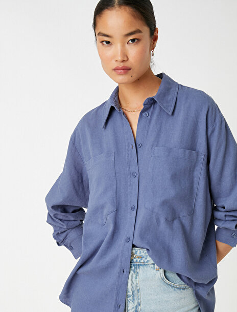 Koton Kadın Oversize Cepli Keten Gömlek