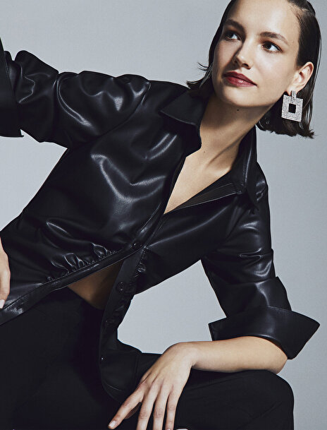 Koton Kadın Deri Görünümlü Gömlek Uzun Kollu