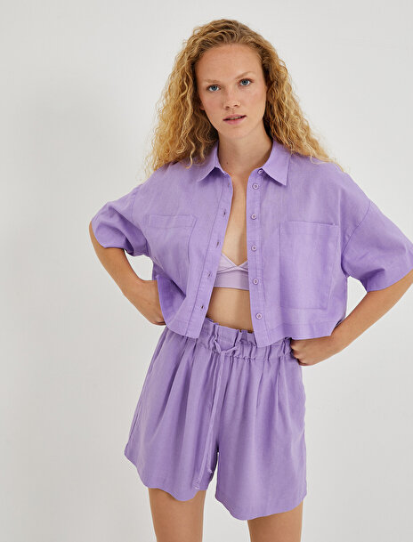 Koton Kadın Oversize Crop Keten Gömlek Koton Kadın Oversize Crop Keten Gömlek