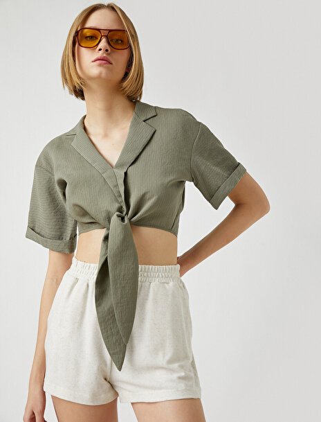 Koton Kadın V Yaka Beli Bağlamalı Kısa Kollu Crop Gömlek