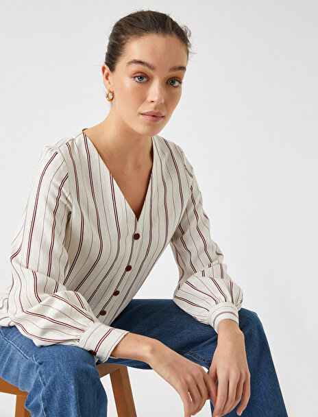 Koton Kadın V Yaka Çizgi Uzun Kollu Gömlek
