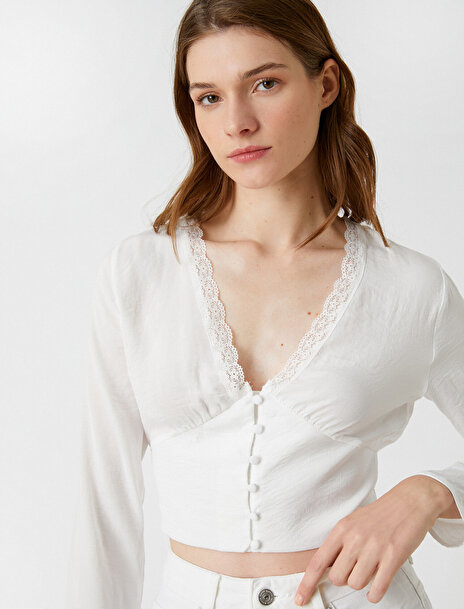 Koton Kadın Crop Bluz Uzun Kollu Dantel Detaylı