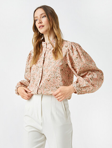 Koton Kadın Desenli Bluz Hakim Yaka Uzun Balon Kollu