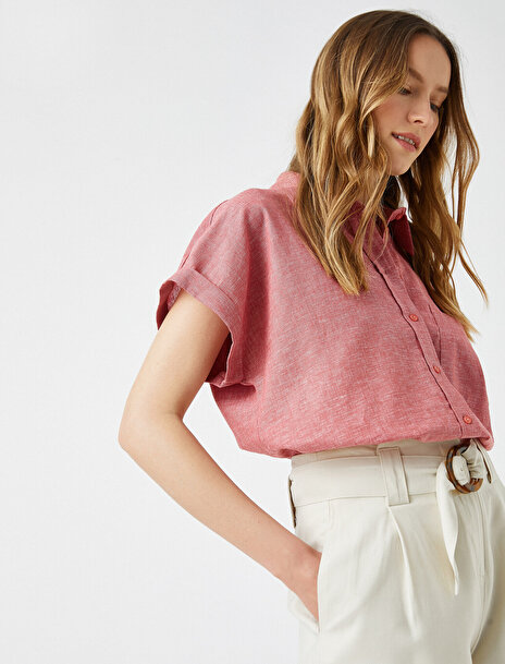 Koton Kadın Keten Gömlek Kısa Kollu Cepli